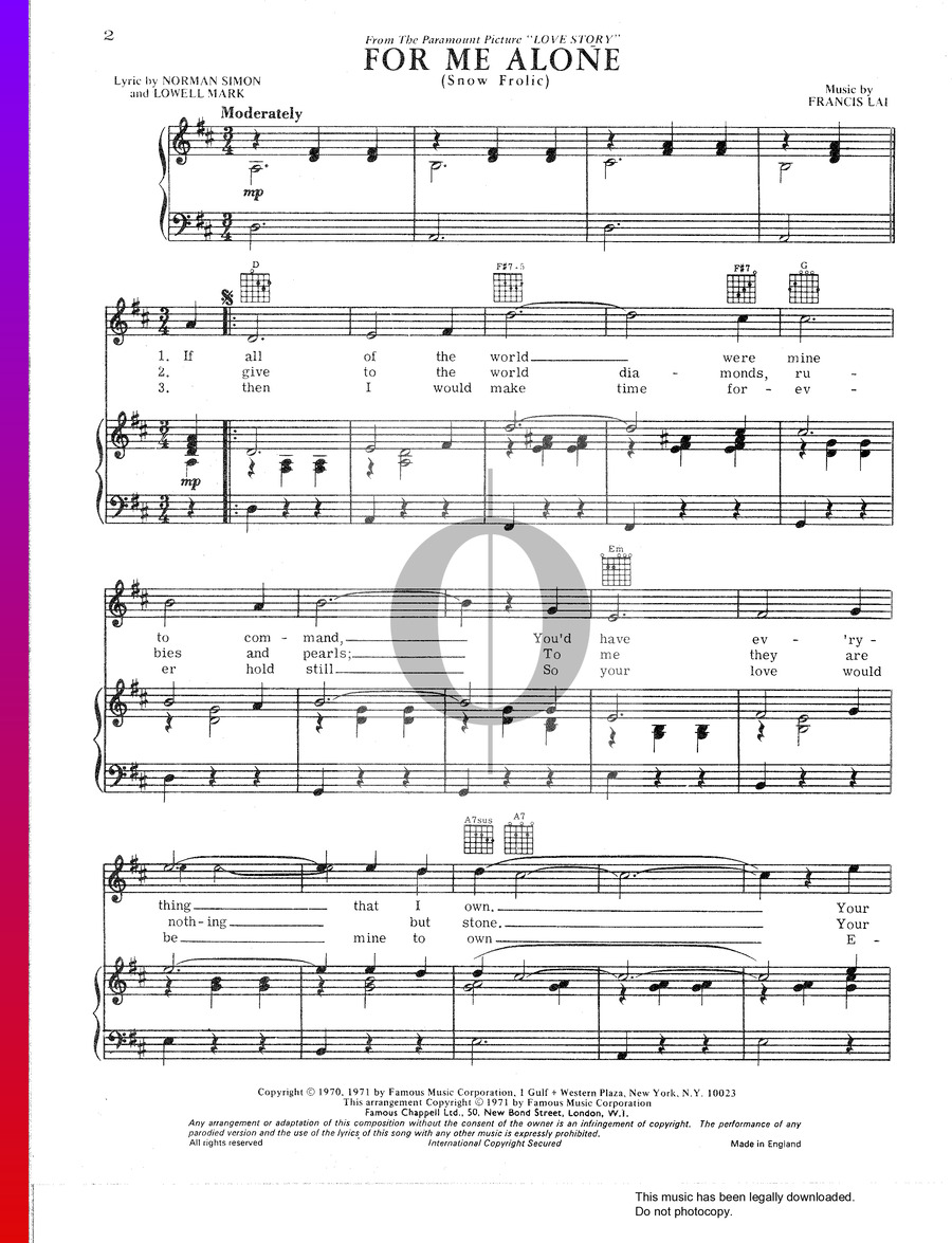For Me Alone (Snow Frolic) (Francis Lai, Norman Simon) Piano Sheet ...