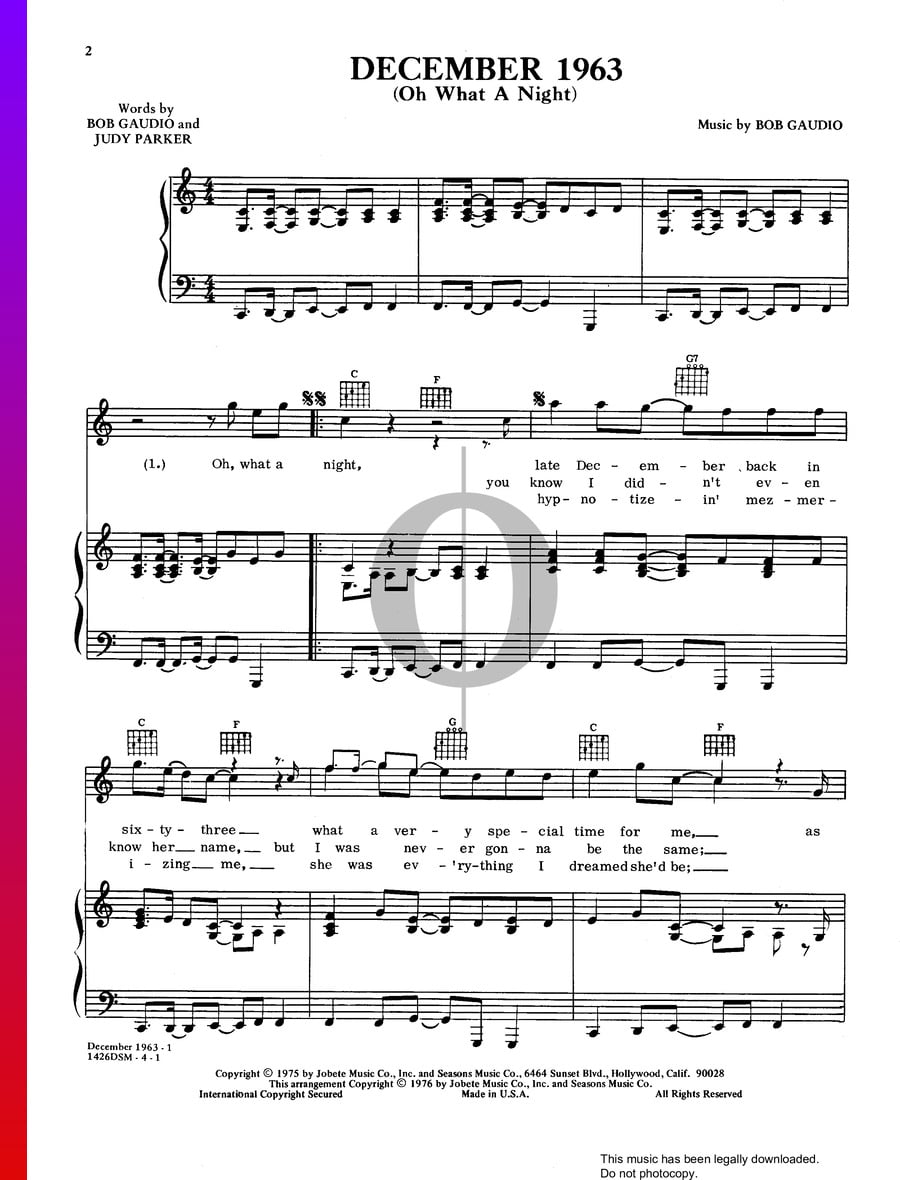 December 1963 (Oh What A Night) (The Four Seasons) Piano Sheet Music ...
