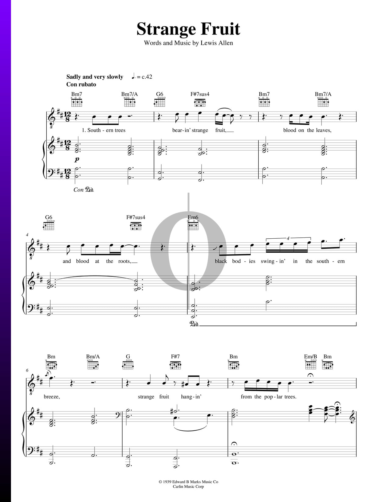 Strange Fruit Sheet Music Piano Guitar Voice PDF Download 