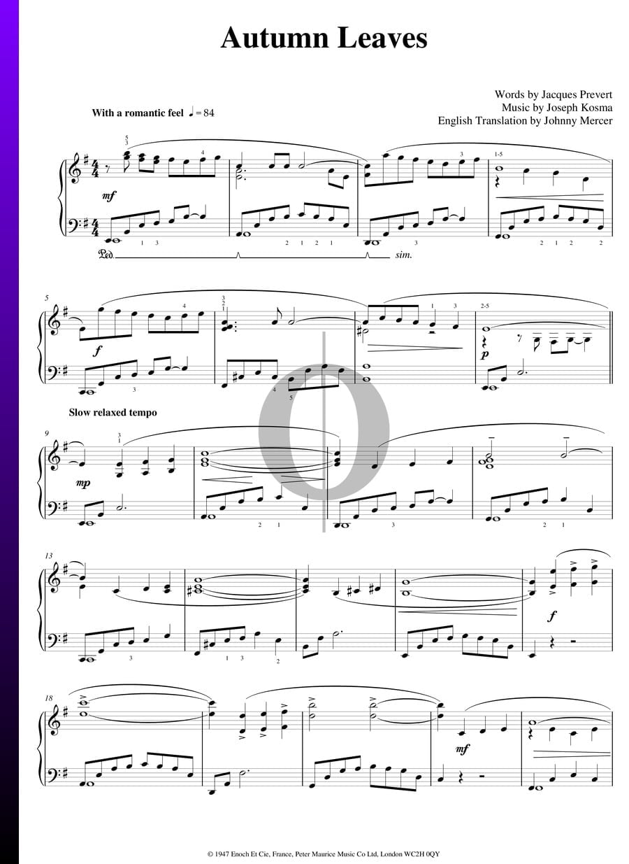 Autumn Leaves (Joseph Kosma) Piano Sheet Music - OKTAV