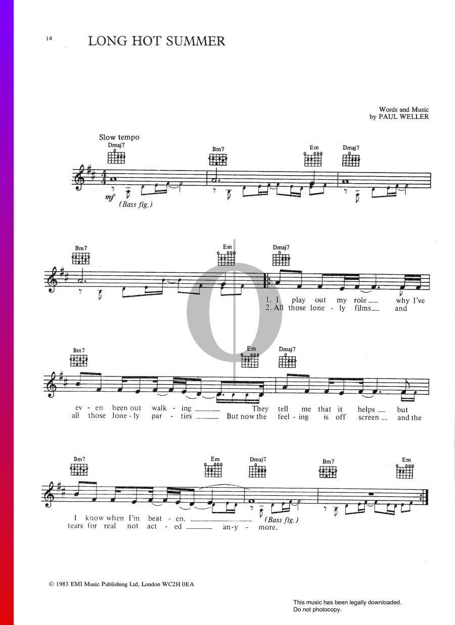 Long Hot Summer (The Style Council) Piano Sheet Music - OKTAV