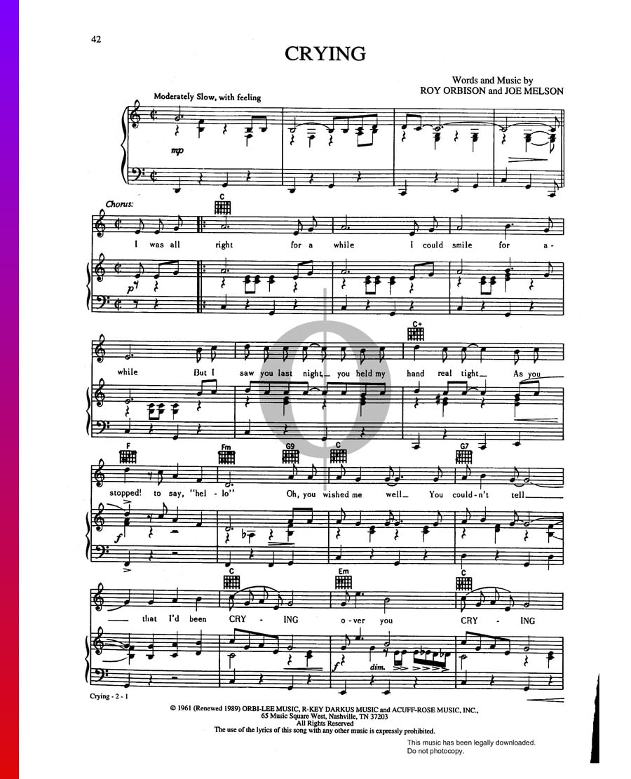 Crying (Roy Orbison) Piano Sheet Music - OKTAV