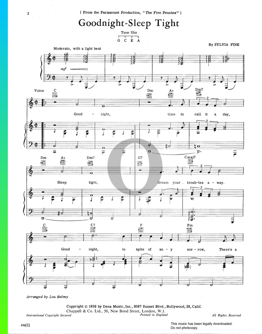 Goodnight - Sleep Tight Piano Sheet Music from The Five Pennies by ...