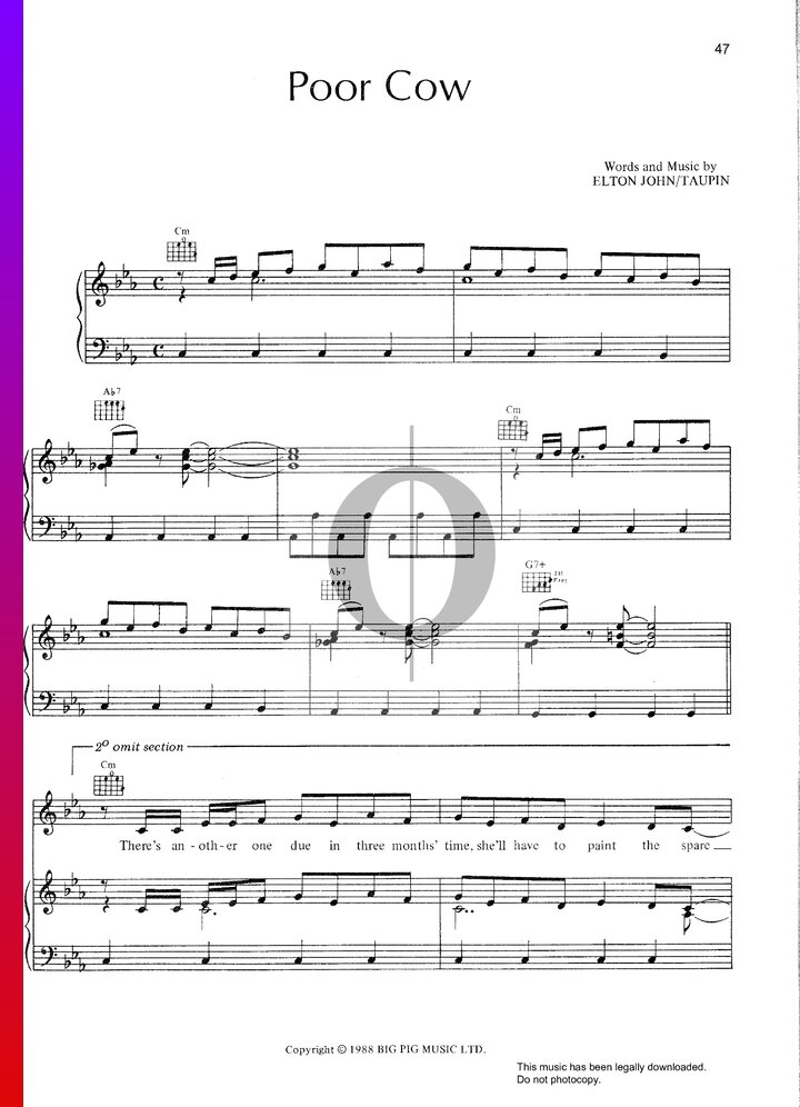 Poor Cow (Elton John) Piano Sheet Music - OKTAV