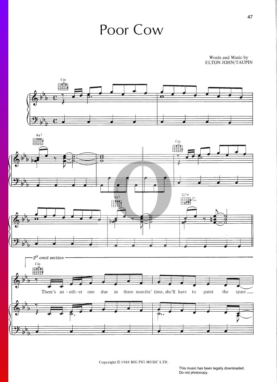 Poor Cow (Elton John) Piano Sheet Music - OKTAV