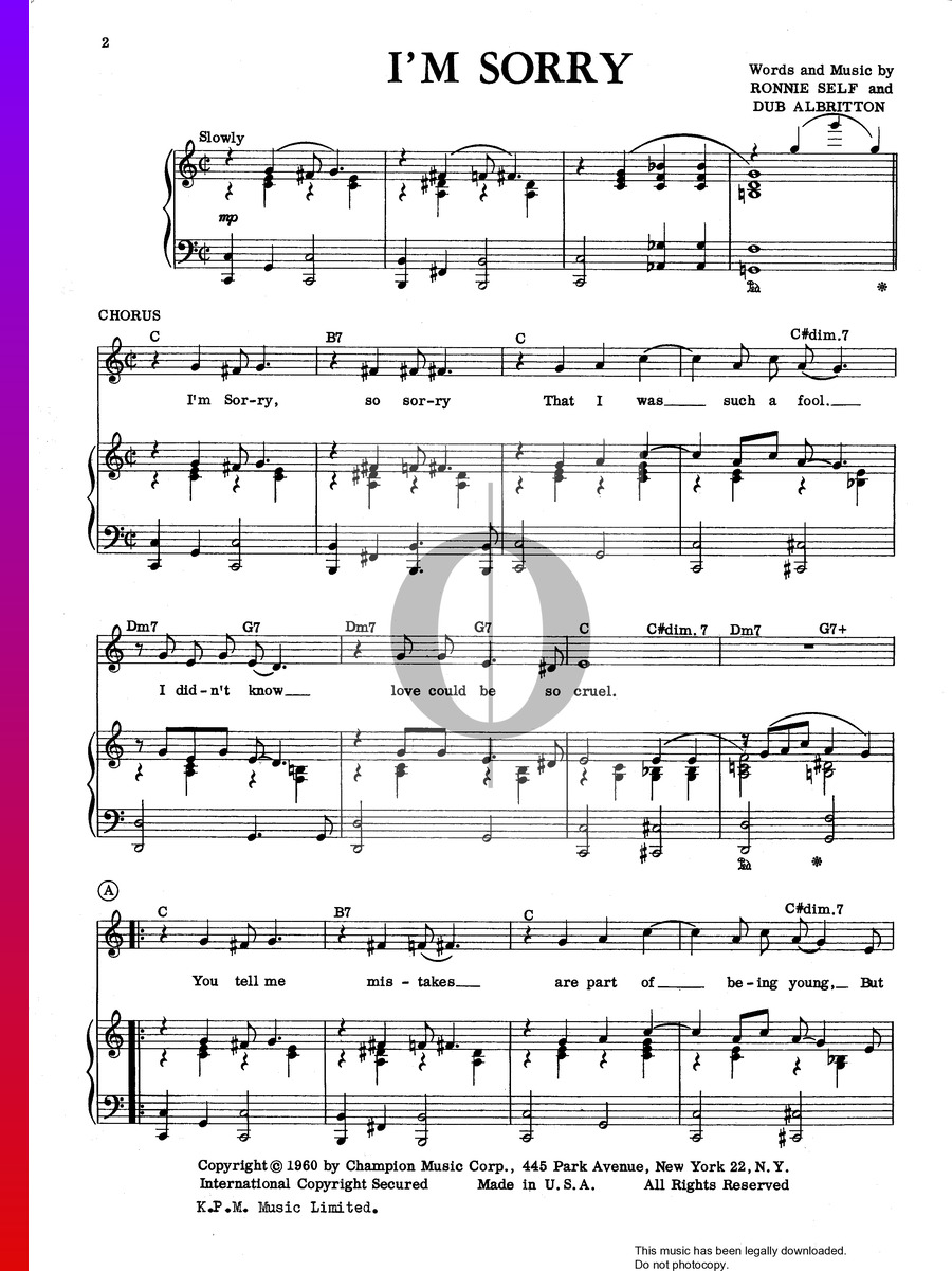 I'm Sorry (Brenda Lee) Piano Sheet Music - OKTAV