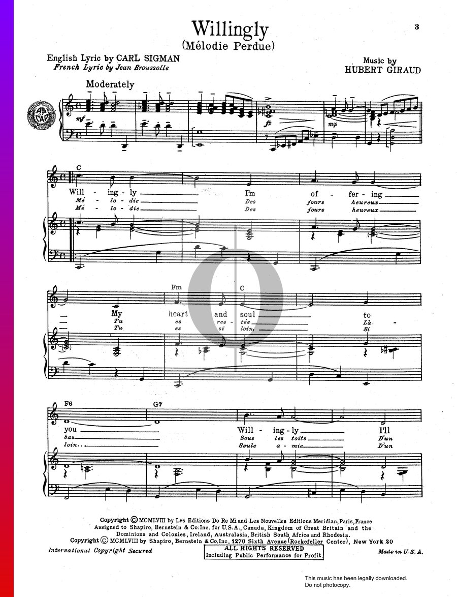 Willingly (Mélodie Perdue) (Malcolm Vaughan) Piano Sheet Music - OKTAV