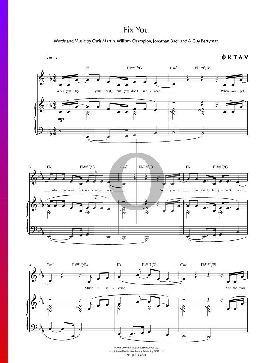 Fix You (Coldplay) Piano Sheet Music - OKTAV