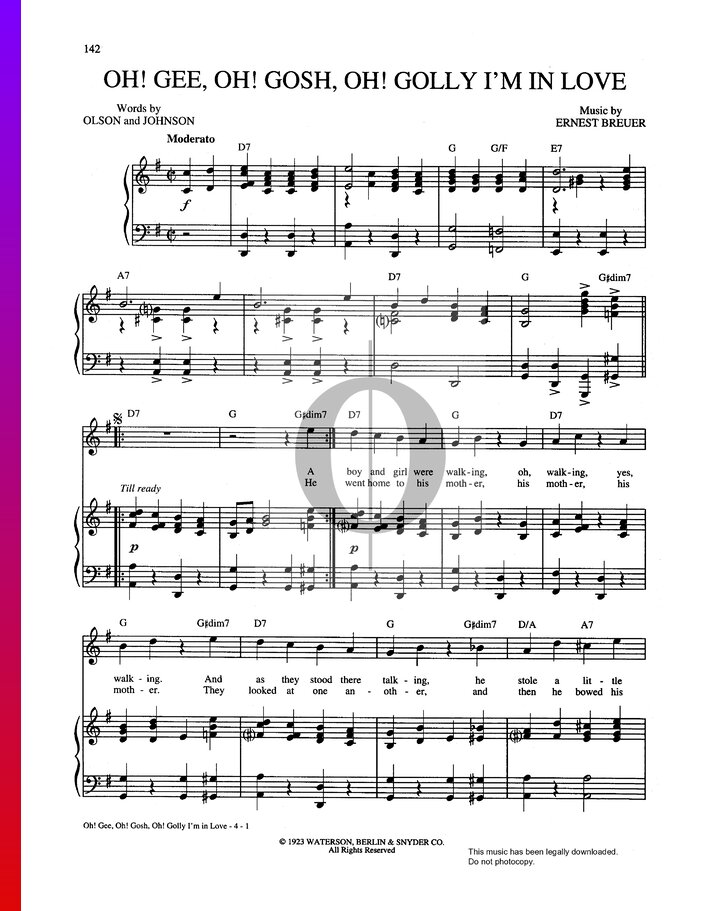 Oh! Gee, Oh! Gosh, Oh! Golly I'm In Love (Eddie Cantor) Piano Sheet ...