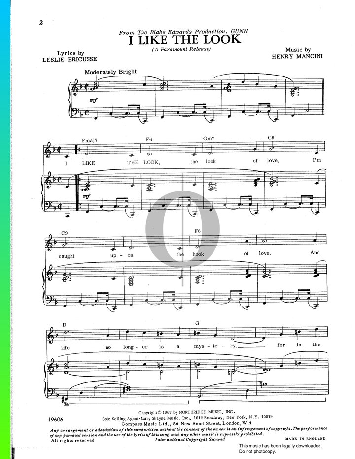 I Like The Look Piano Sheet Music from Gunn by Leslie Bricusse, Henry ...