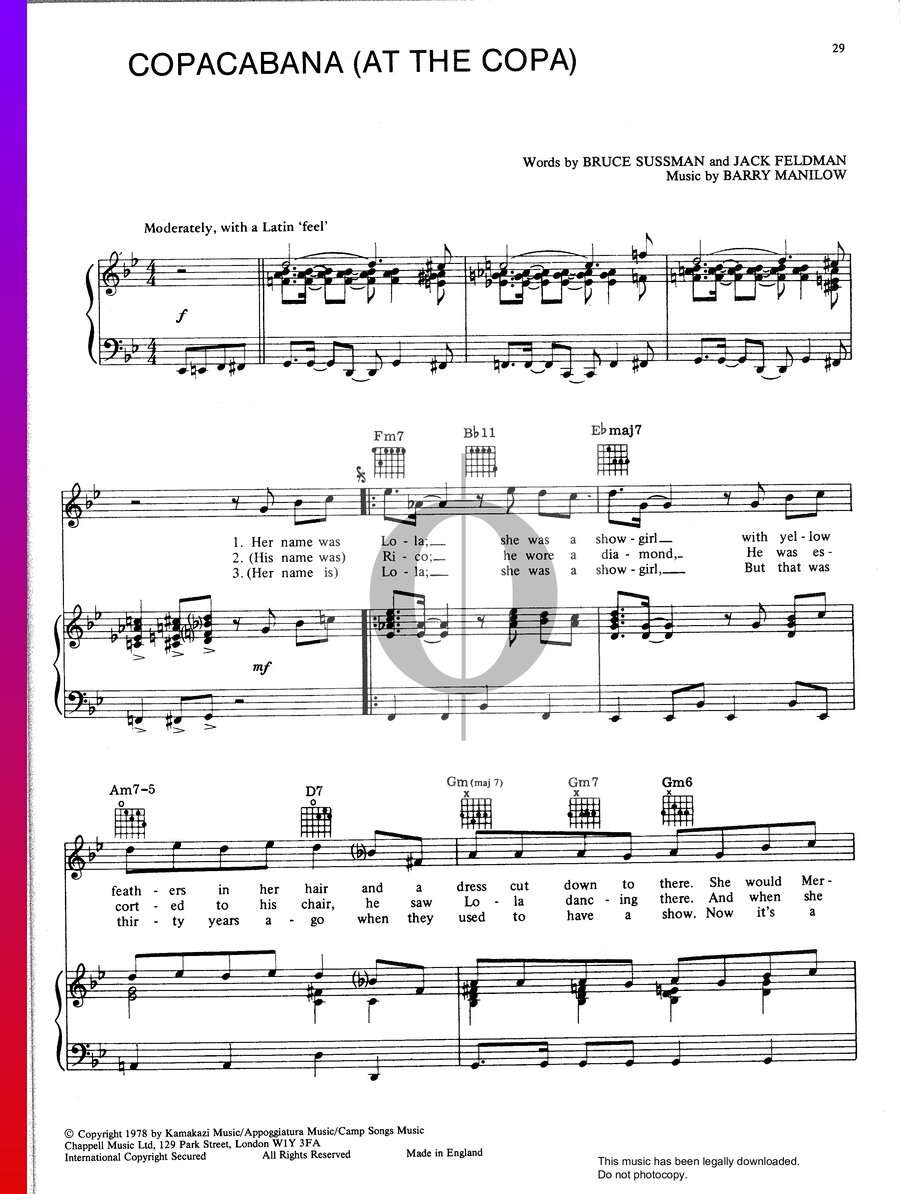 Copacabana (At The Copa) (Barry Manilow) Piano Sheet Music - OKTAV