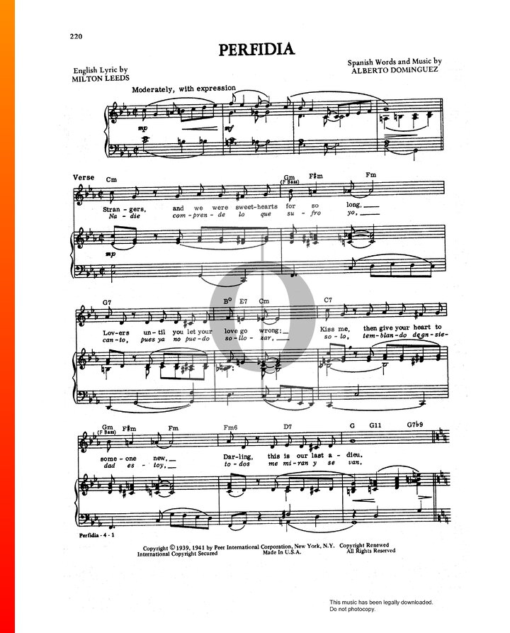 Perfida (Alberto Domínguez, Milton Leeds) Piano Sheet Music - OKTAV