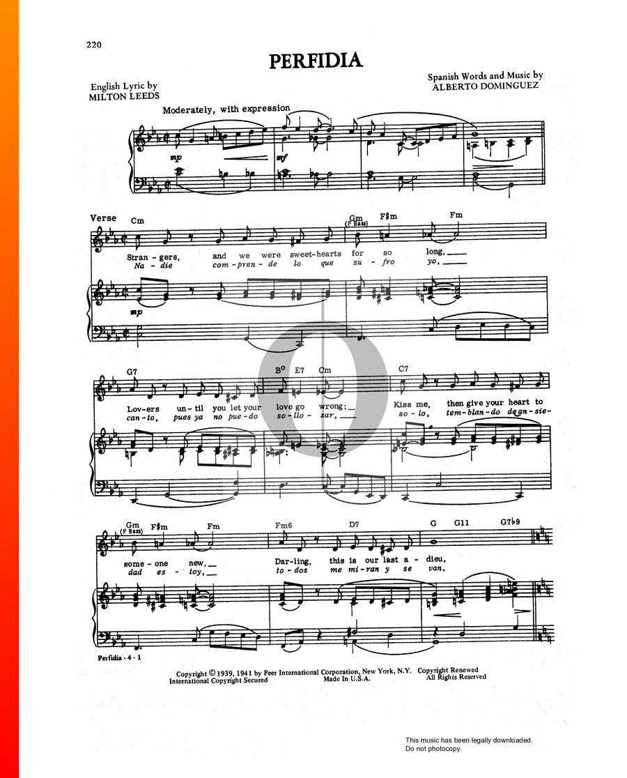 Perfida (Alberto Domínguez, Milton Leeds) Piano Sheet Music - OKTAV