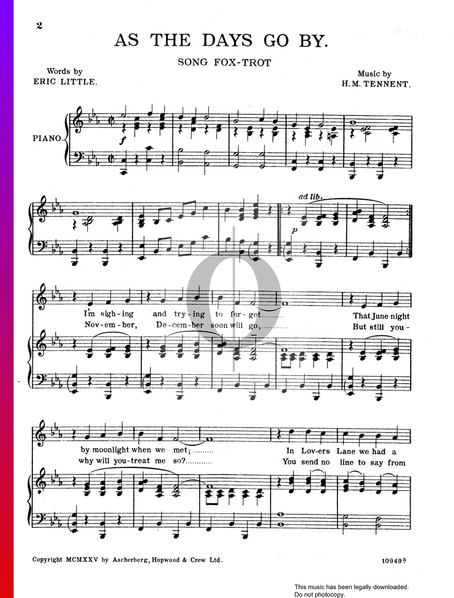As The Days Go By (H. M. Tennent) Piano Sheet Music - OKTAV