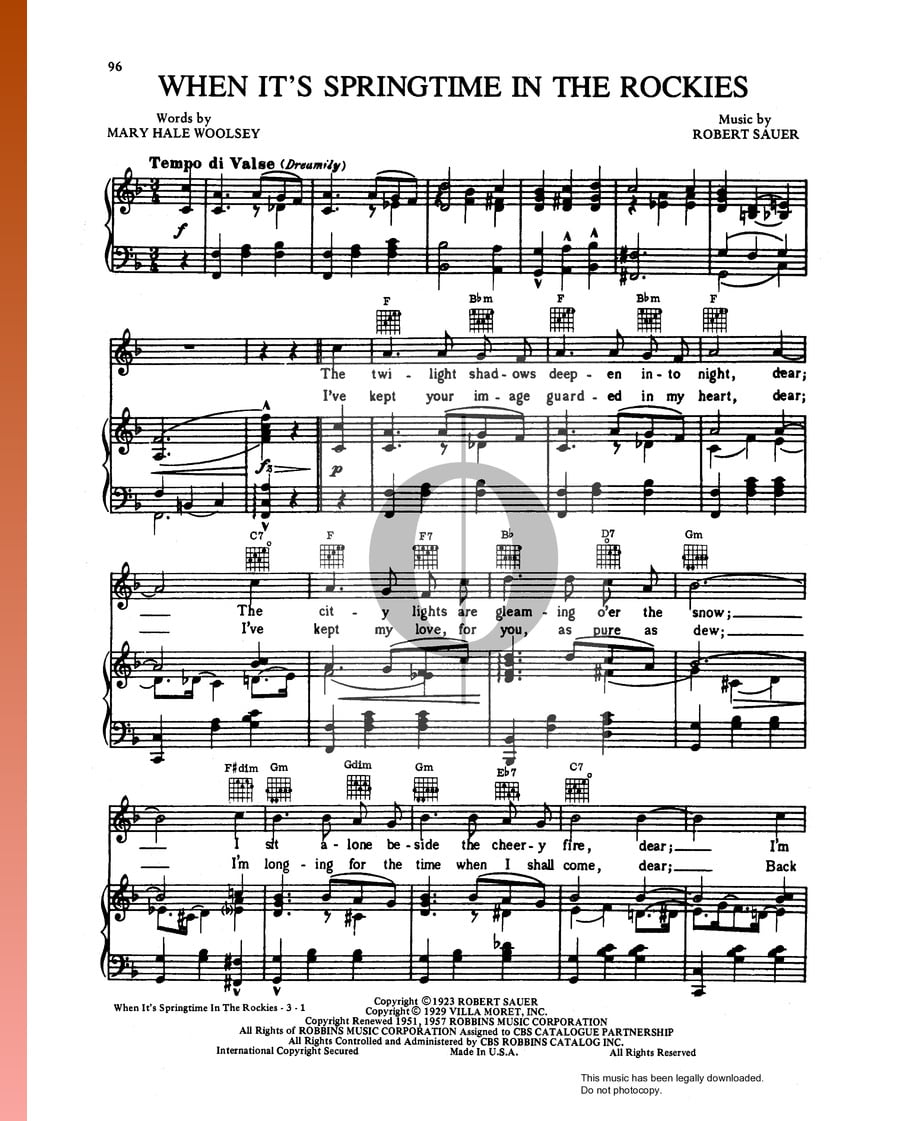 When It's Springtime In The Rockies (Robert Sauer) Piano Sheet Music ...