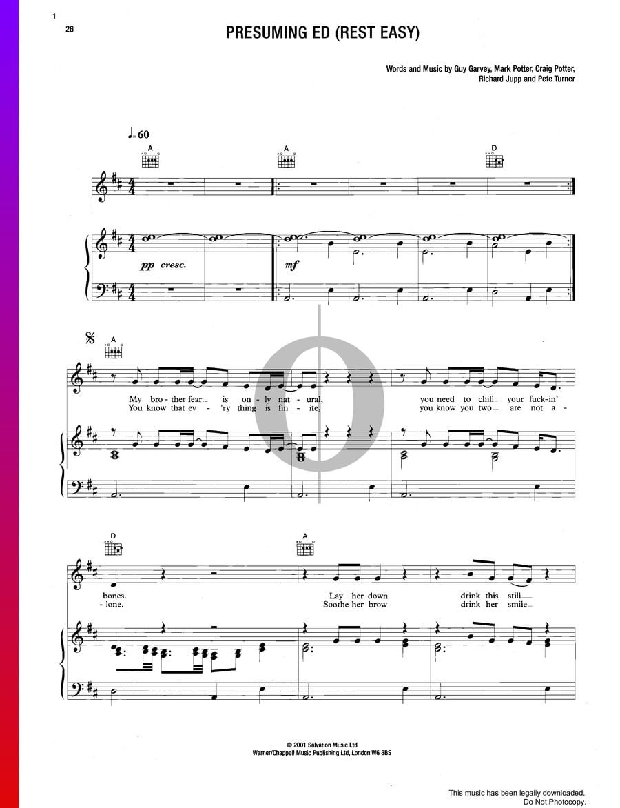 Presuming Ed (Rest Easy) (Elbow) Piano Sheet Music - OKTAV
