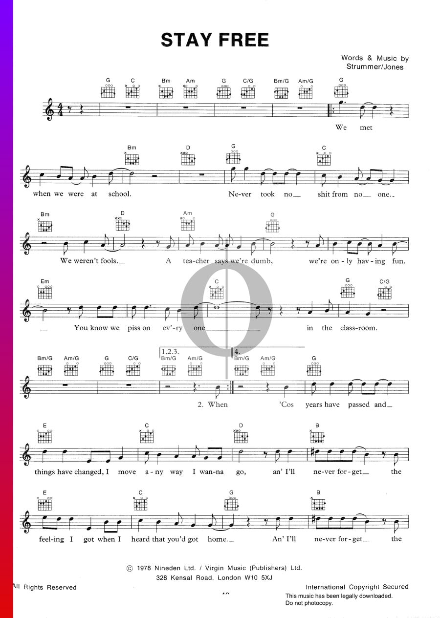 Stay Free (The Clash) Piano Sheet Music - OKTAV
