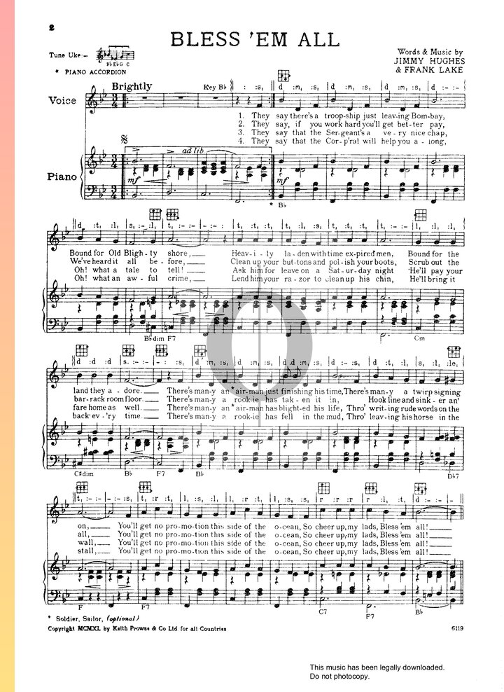 Bless 'Em All Sheet Music (Piano, Guitar, Voice) - OKTAV