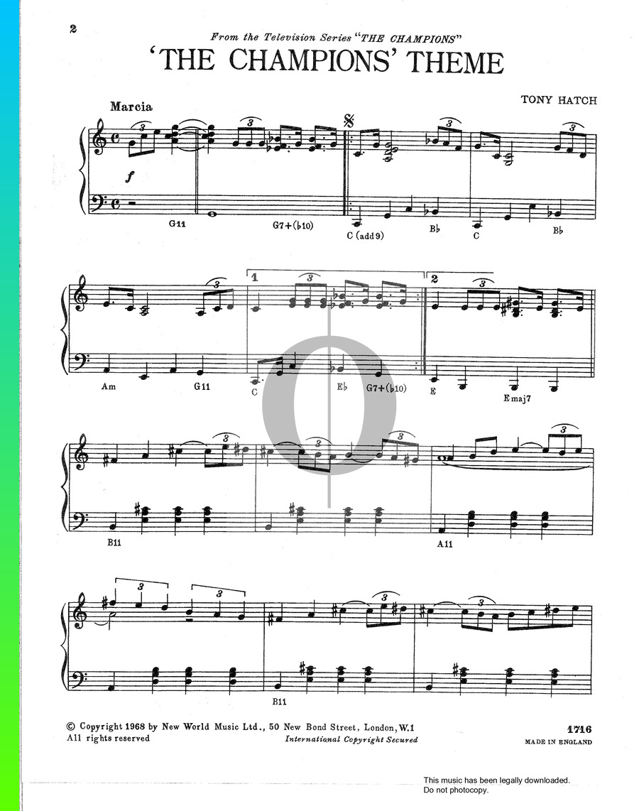 The Champions' Theme Piano Sheet Music from The Champions by Tony Hatch ...