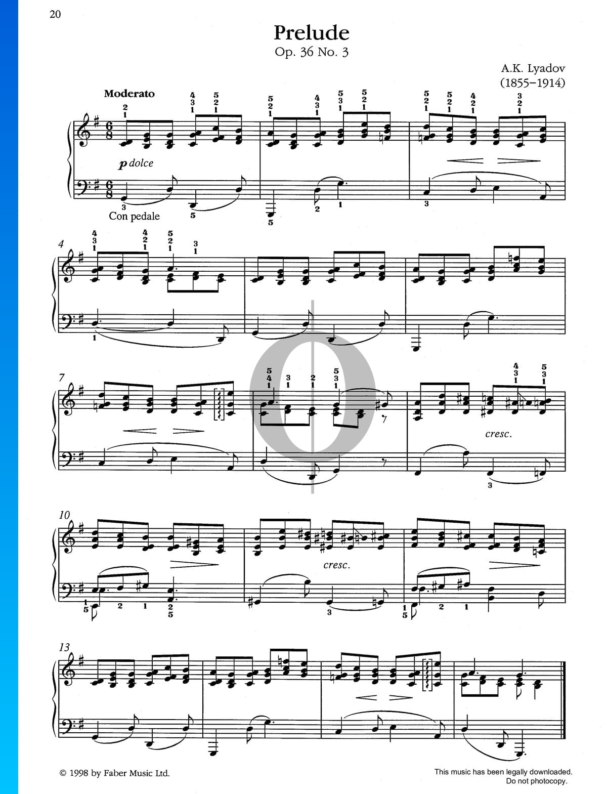 Prelude, Op. 36 No. 3 (Anatoli Konstantinowitsch Ljadow) Piano Sheet ...