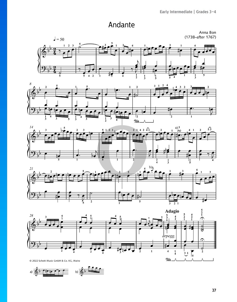 Sonata in G Minor, Op. 2 No. 2: Andante (Anna Bon) Piano Sheet Music ...