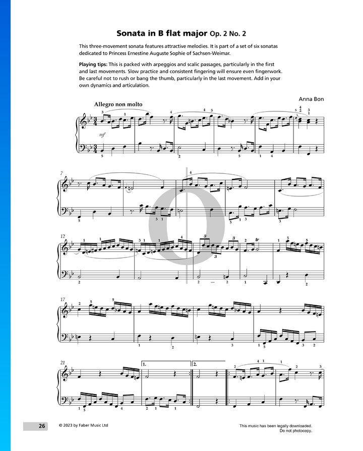 Sonata in B-flat Major, Op. 2 No.2 (Anna Bon) Piano Sheet Music - OKTAV