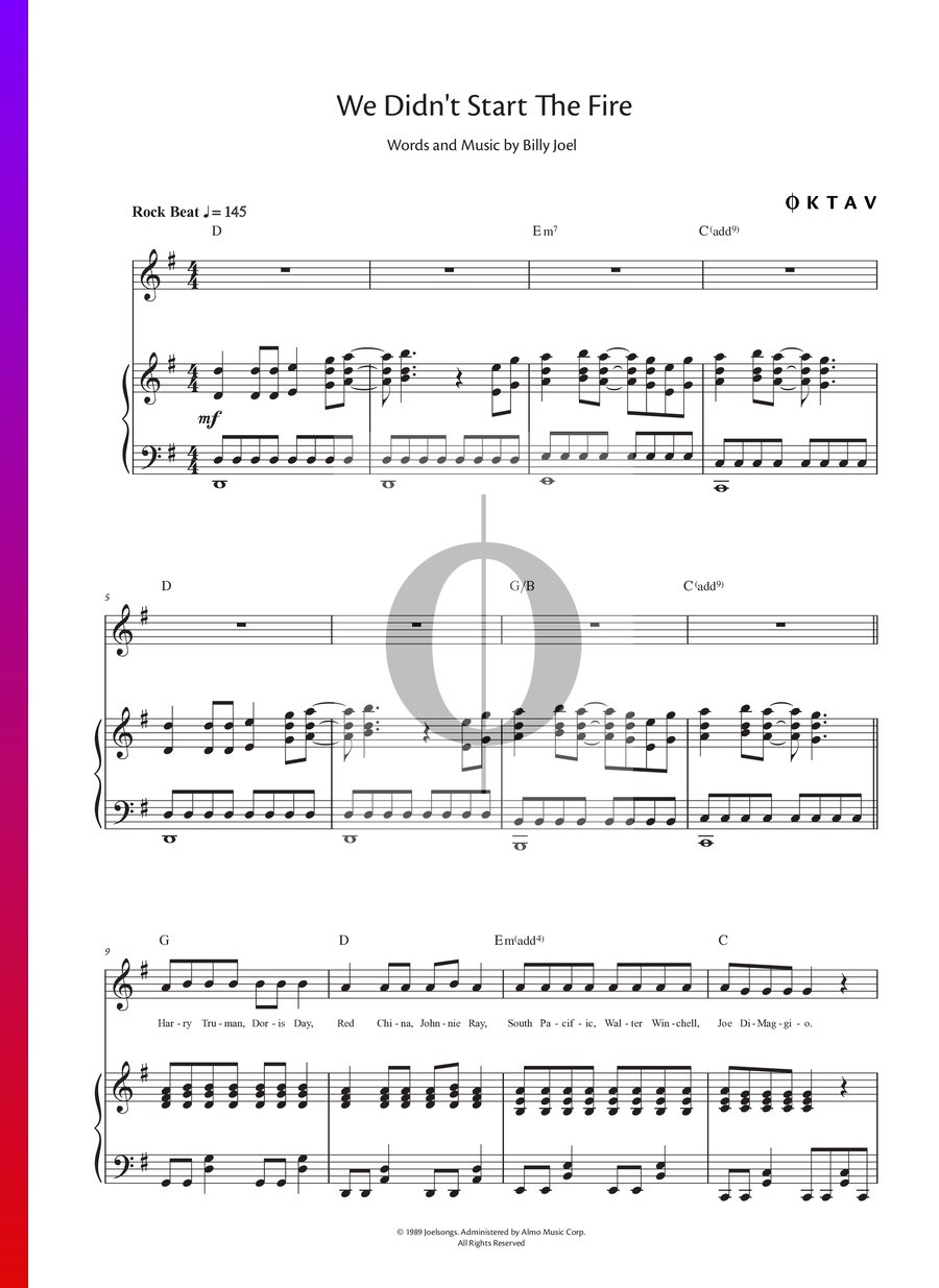 We Didn't Start The Fire (Billy Joel) Piano Sheet Music - OKTAV