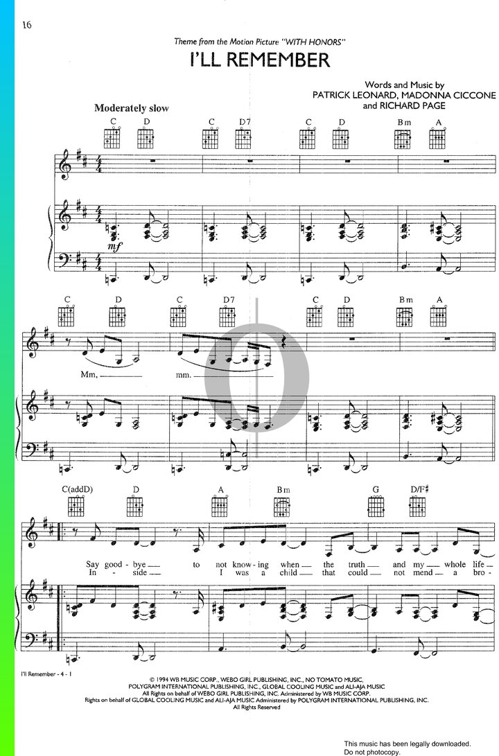 I'll Remember Piano Sheet Music from With Honors by Madonna - OKTAV