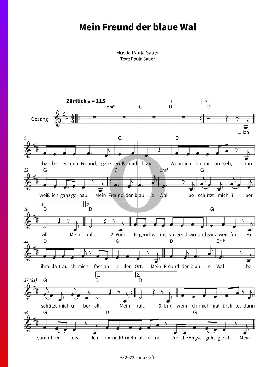 Mein Freund der blaue Wal (Paula Sauer) Piano Sheet Music - OKTAV