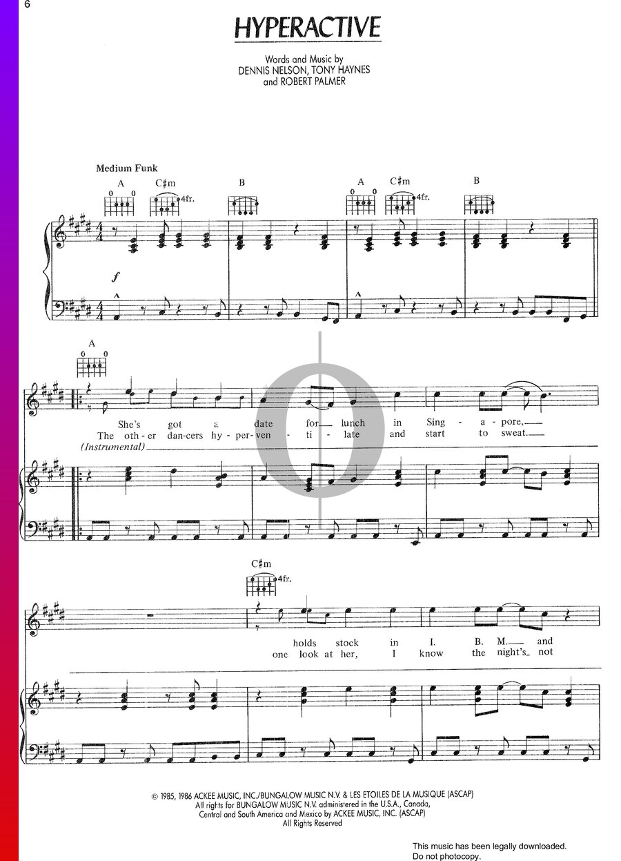 Hyperactive (Robert Palmer) Piano Sheet Music - OKTAV