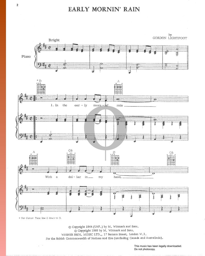 Early Mornin' Rain (Gordon Lightfoot) Piano Sheet Music - OKTAV