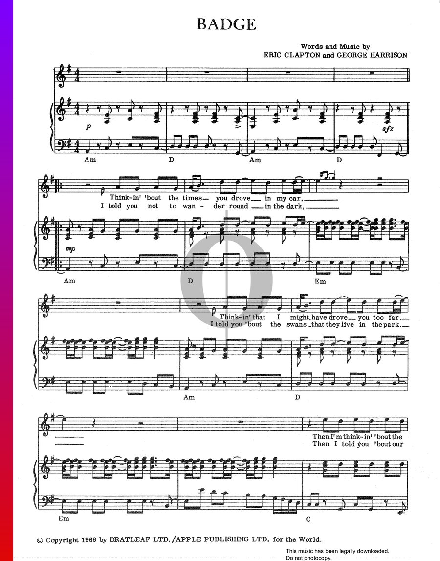 Badge (Cream) Piano Sheet Music - OKTAV