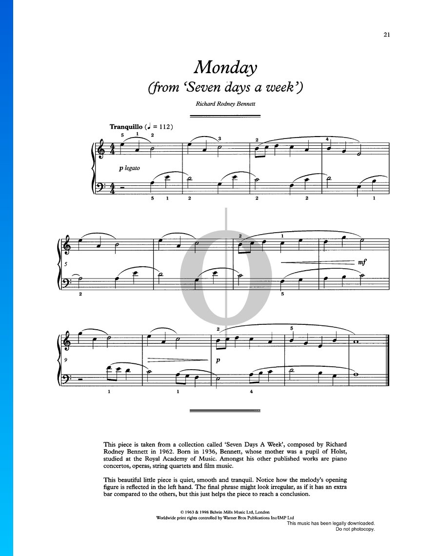 Seven Days A Week: Monday (Richard Rodney Bennett) Piano Sheet Music ...
