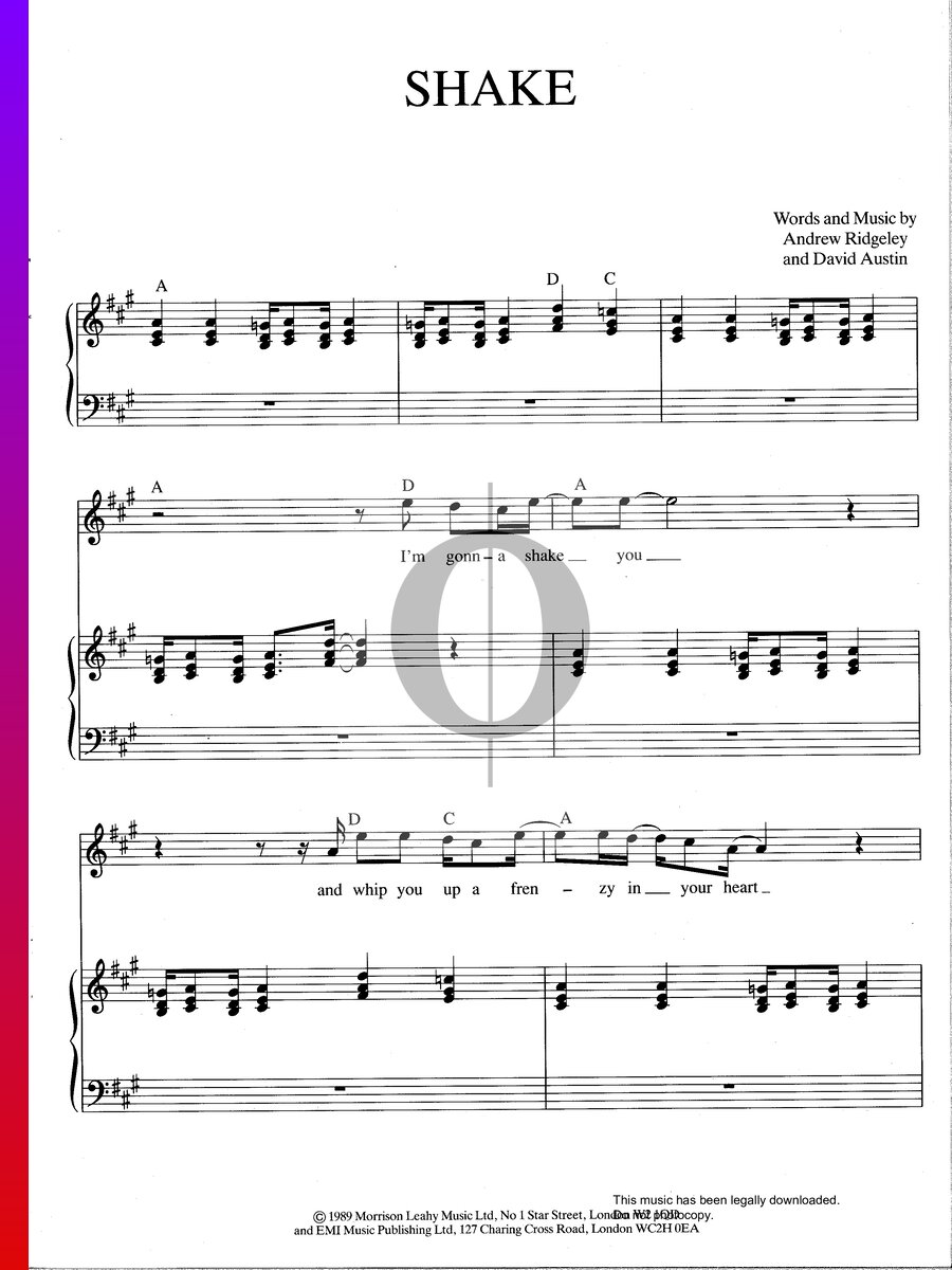 Shake door Andrew Ridgeley | piano bladmuziek (Piano, Stem) - OKTAV