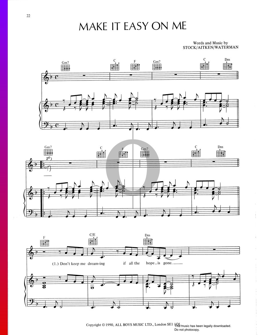 Make It Easy On Me (Sybil) Piano Sheet Music - OKTAV