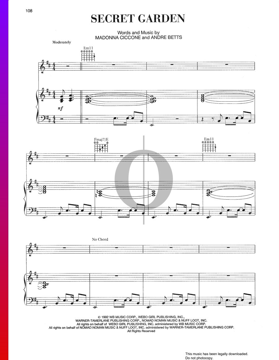 Secret Garden (Madonna) Piano Sheet Music - OKTAV