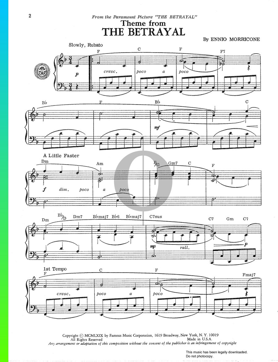 The Betrayal Theme Piano Sheet Music from The Betrayal by Ennio ...