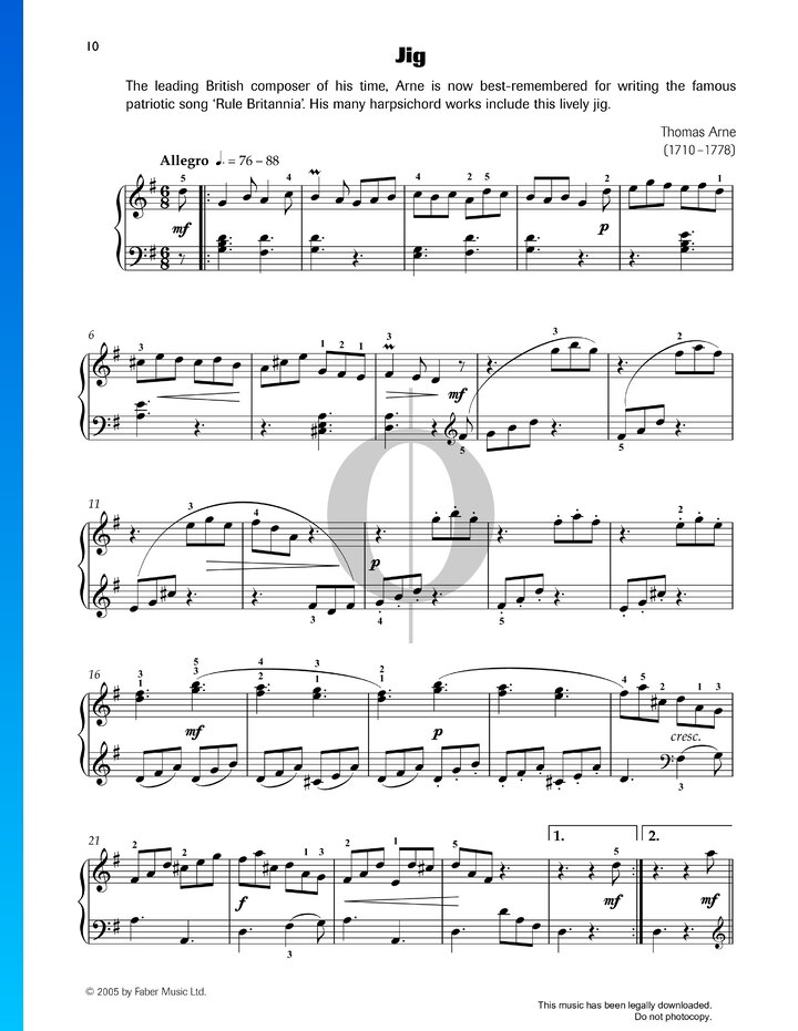Sonata in G Major, No. 6: 2. Gigue (Thomas Arne) Piano Sheet Music - OKTAV