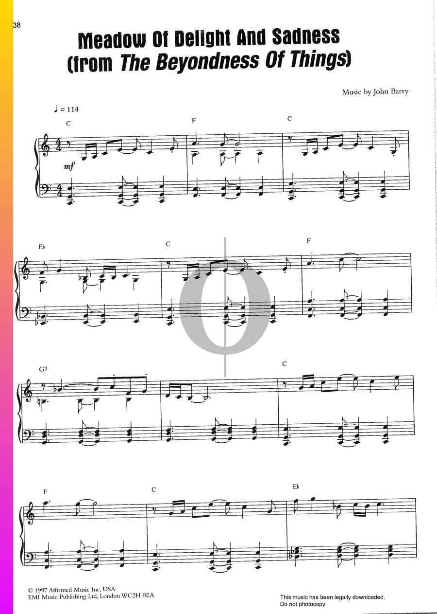 Meadow Of Delight And Sadness (John Barry) Piano Sheet Music - OKTAV
