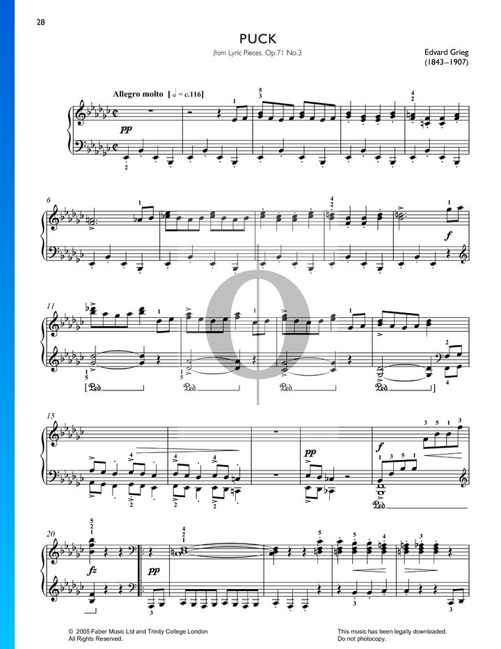 Lyric Pieces, Op. 71 No. 3: Puck (Edvard Grieg) Piano Sheet Music - OKTAV