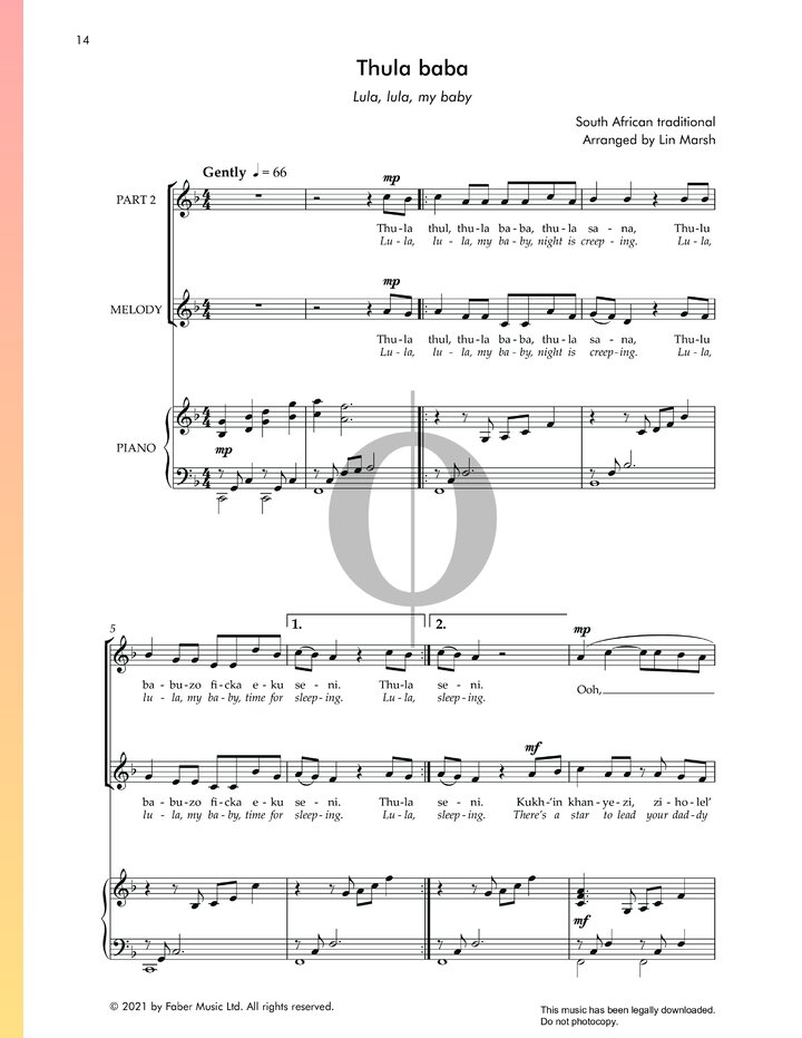 Thula Baba (Lula, Lula, My Baby) (Anonymous) Piano Sheet Music - OKTAV