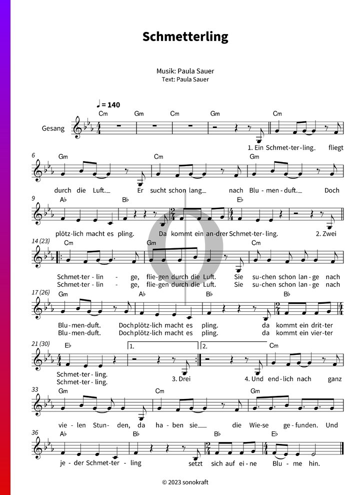 Schmetterling (Paula Sauer) Piano Sheet Music - OKTAV