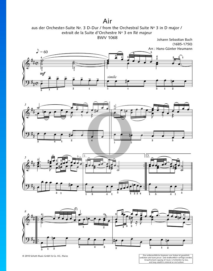 Air sur la corde de sol » Johann Sebastian Bach - Partitions de piano ...