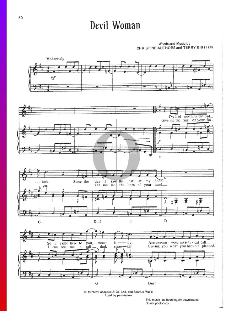 Devil Woman (Cliff Richard) Piano Sheet Music - OKTAV