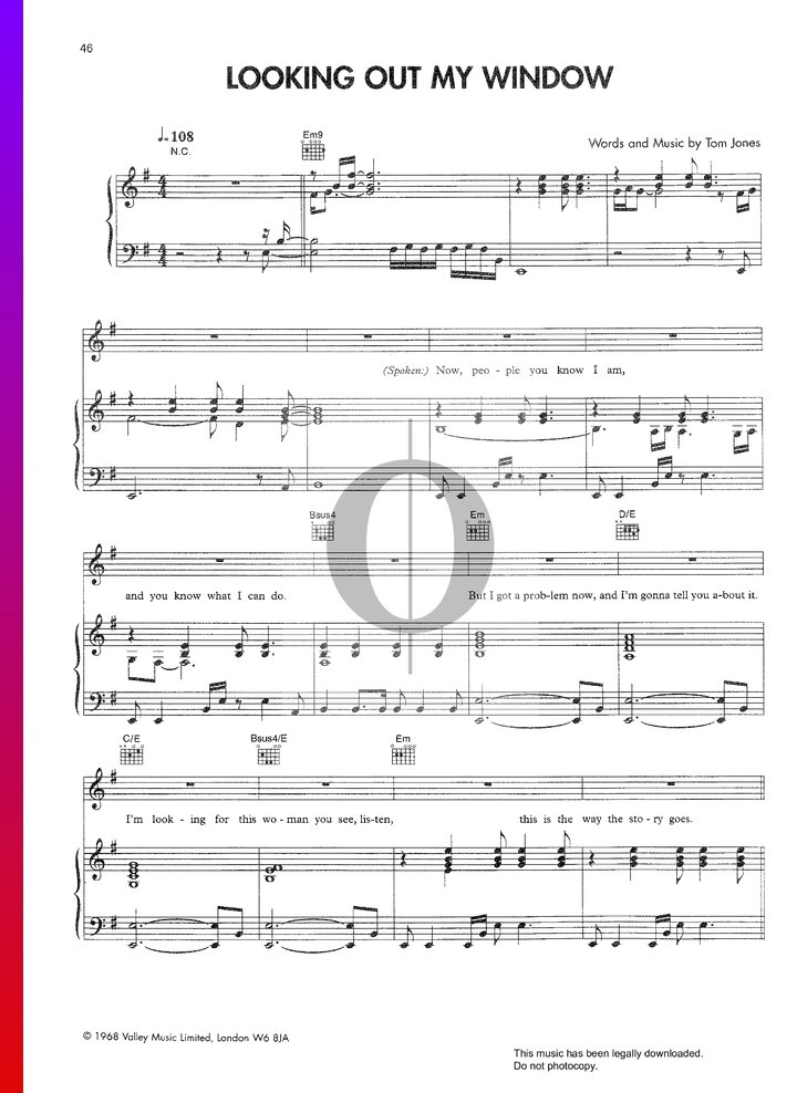 Looking Out My Window (Tom Jones) Piano Sheet Music - OKTAV