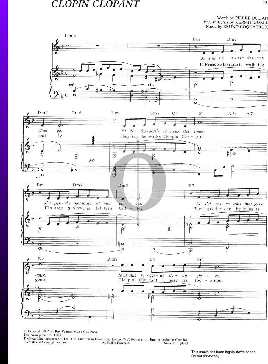 Clopin Clopant (Bruno Coquatrix) Piano Sheet Music - OKTAV