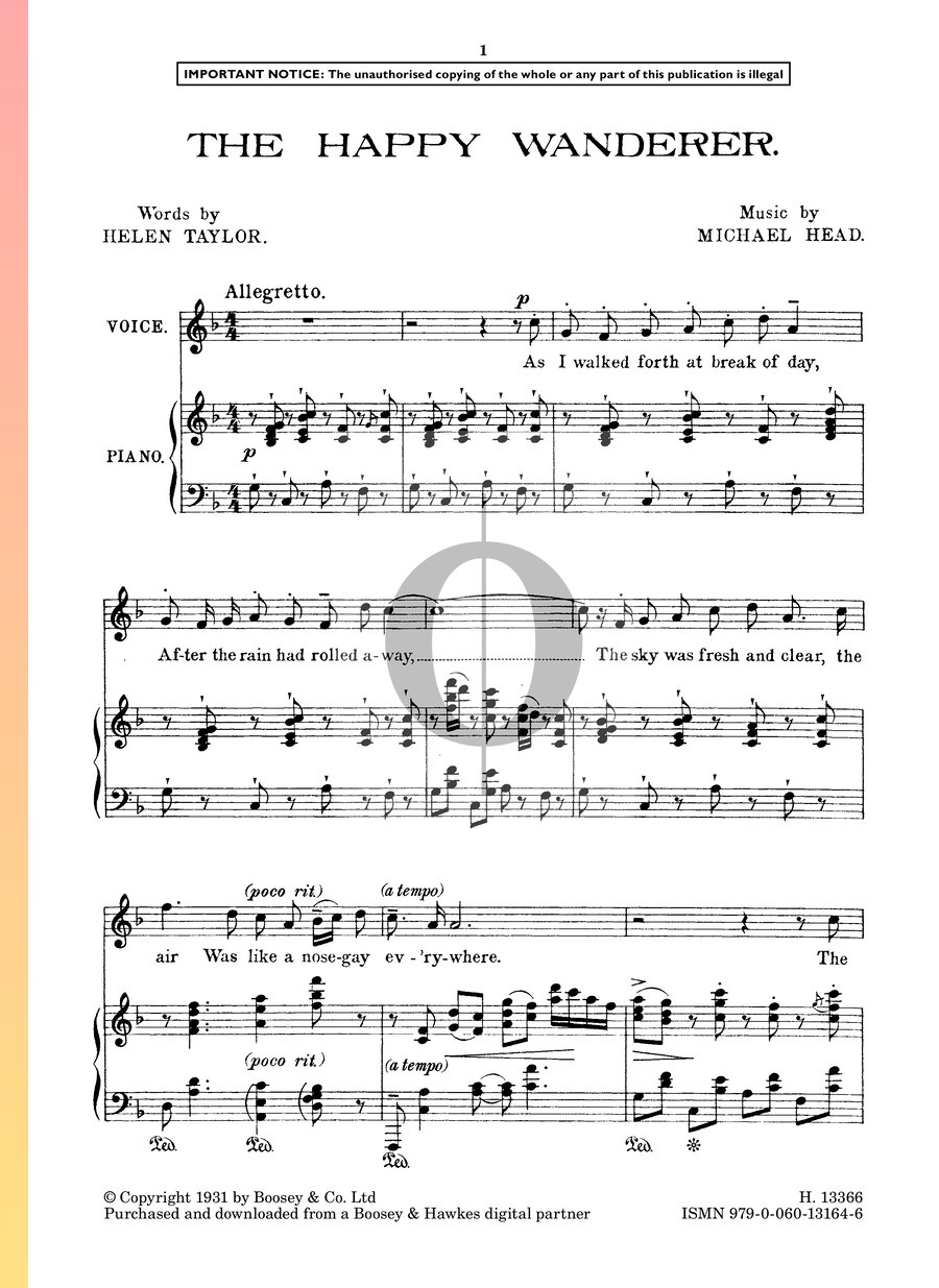 The Happy Wanderer (Michael Head) Piano Sheet Music - OKTAV