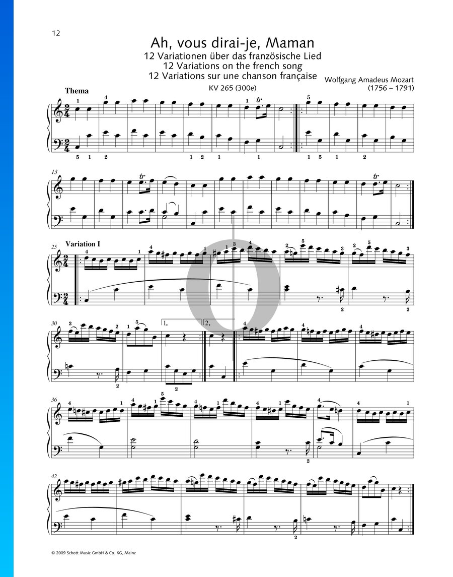 Twelve Variations in C-Major, KV 265 (300e) (Wolfgang Amadeus Mozart ...