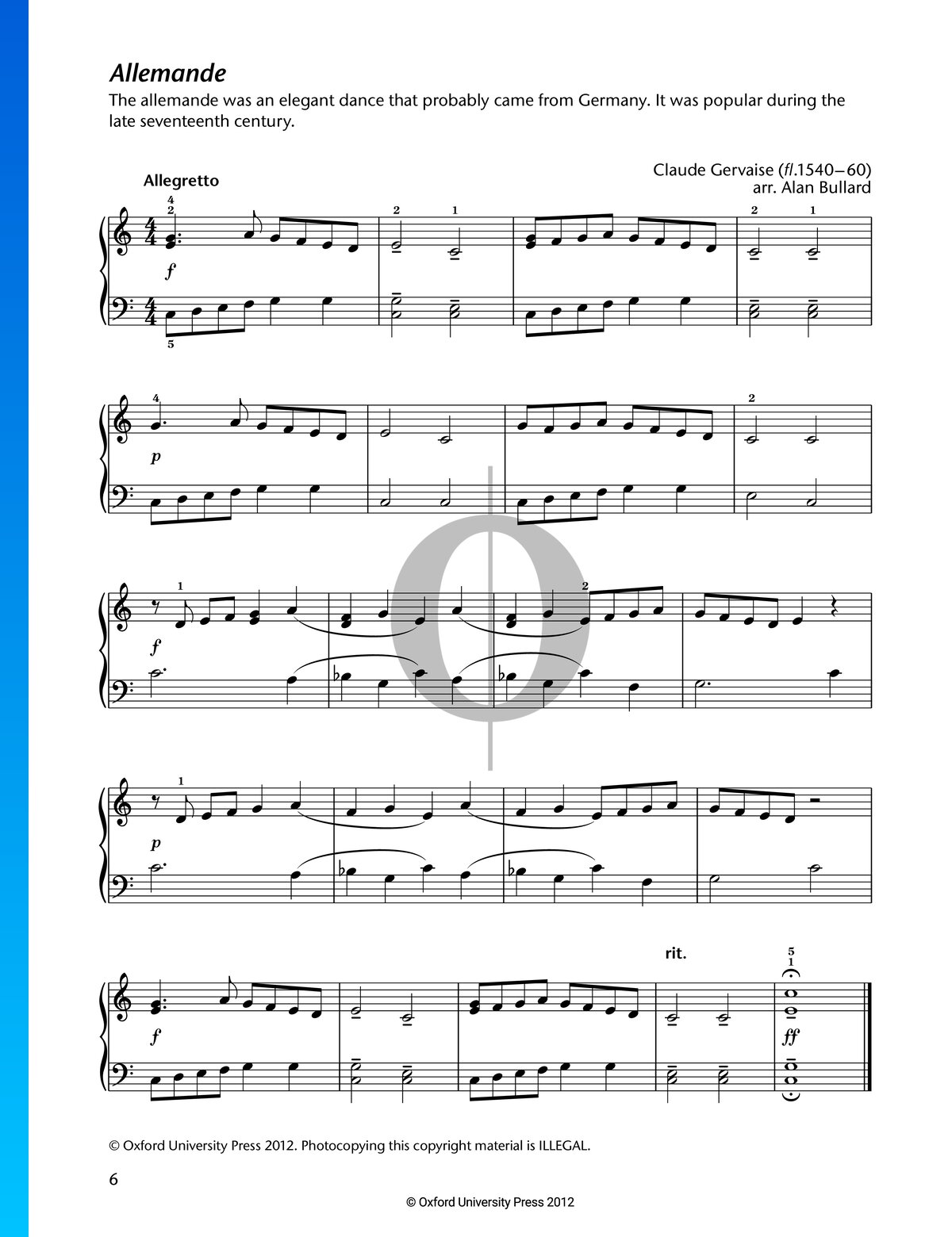 Allemande (Claude Gervaise) Piano Sheet Music - OKTAV