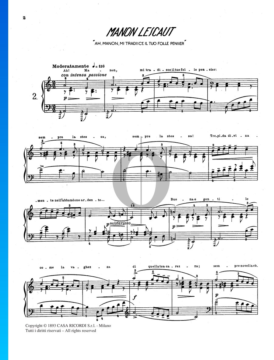 Ah, manon, mi tradisce il tuo folle pensier (Giacomo Puccini) Piano ...